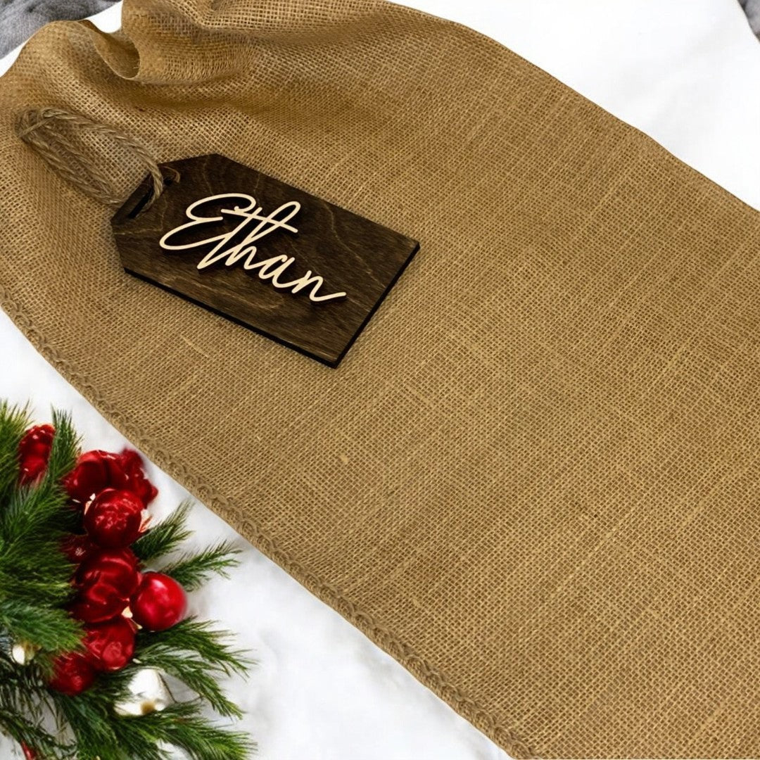Personalized Gifts | Burlap Sac & 3D Name Wood Gift Tag